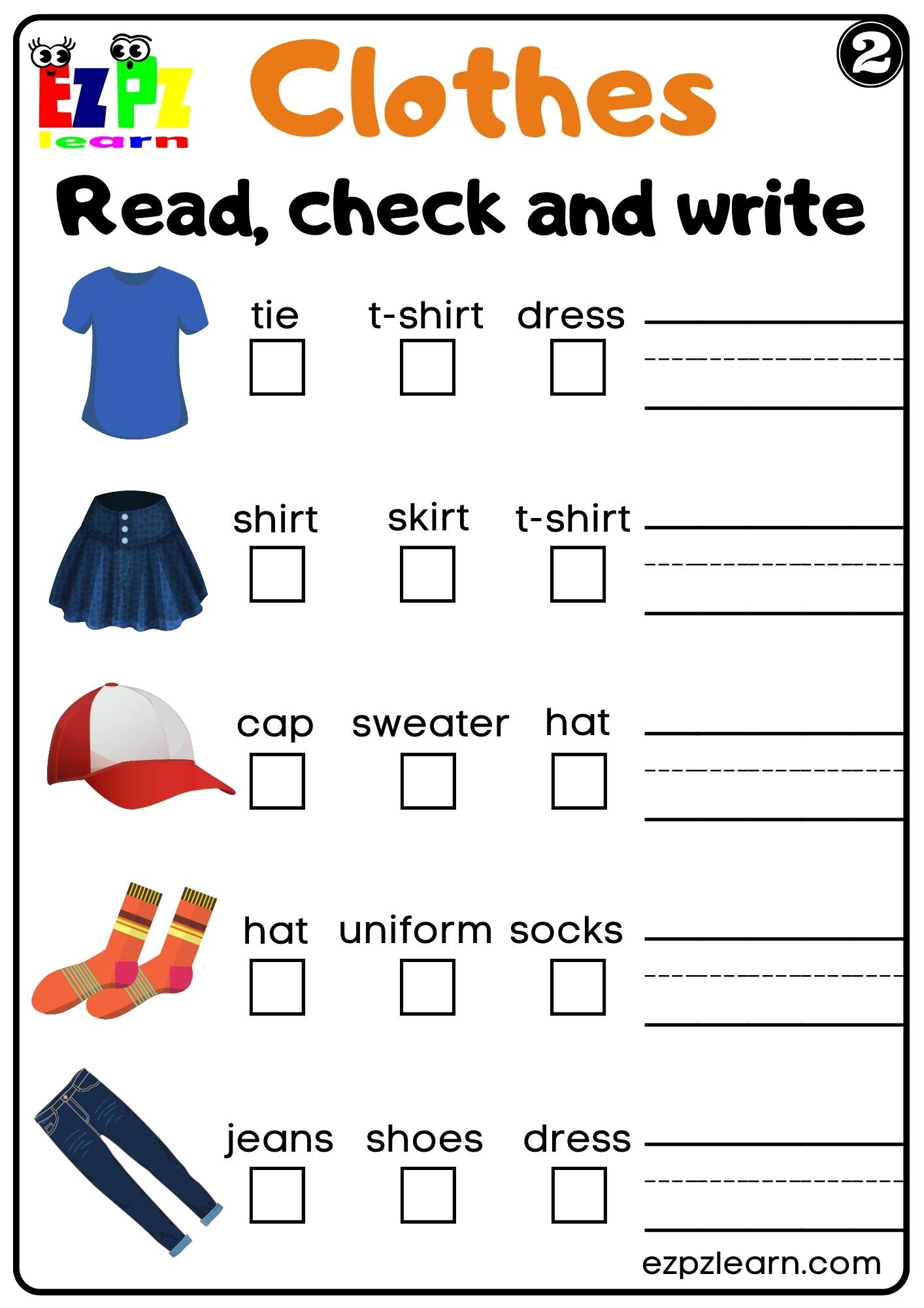 Clothes Read Check and Write Worksheet for Kindergarten K5 and ESL set 2 - Ezpzlearn.com
